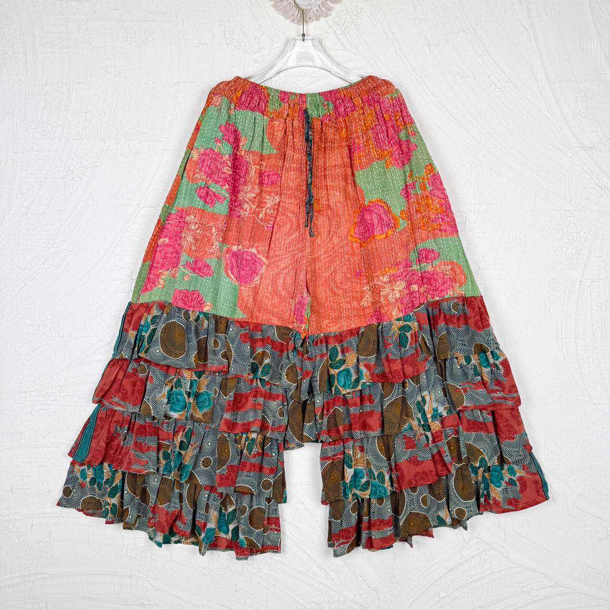 Bottom silk frills pants Red Green Floral – Love Protect Sustain