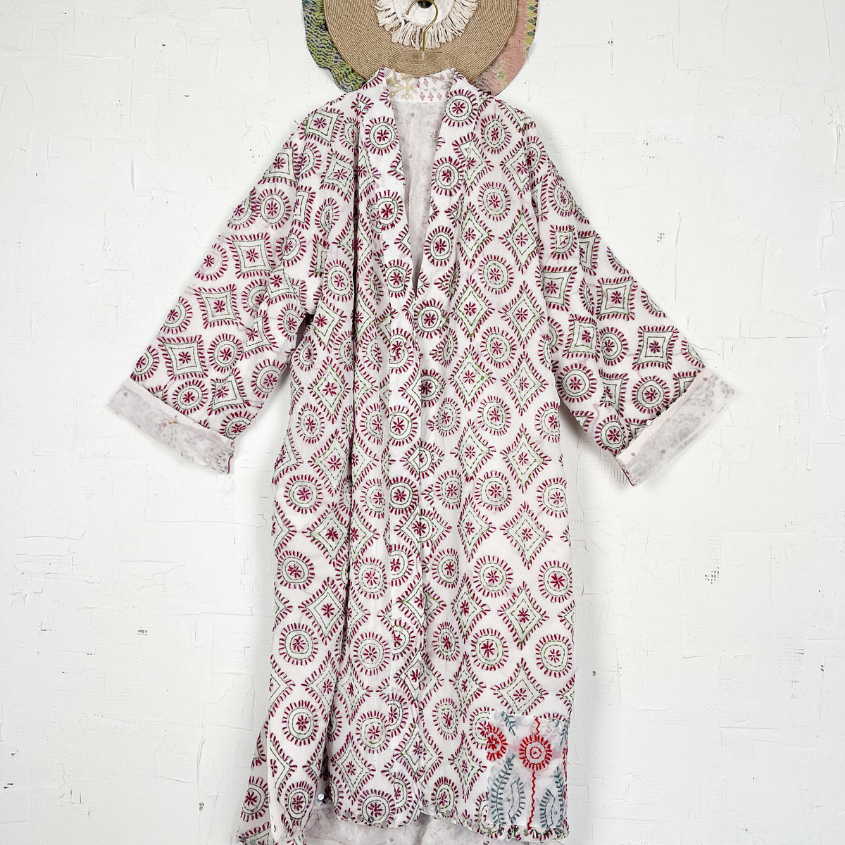 Long Phulkari Kimono Robe Burgundy on White – Love Protect Sustain
