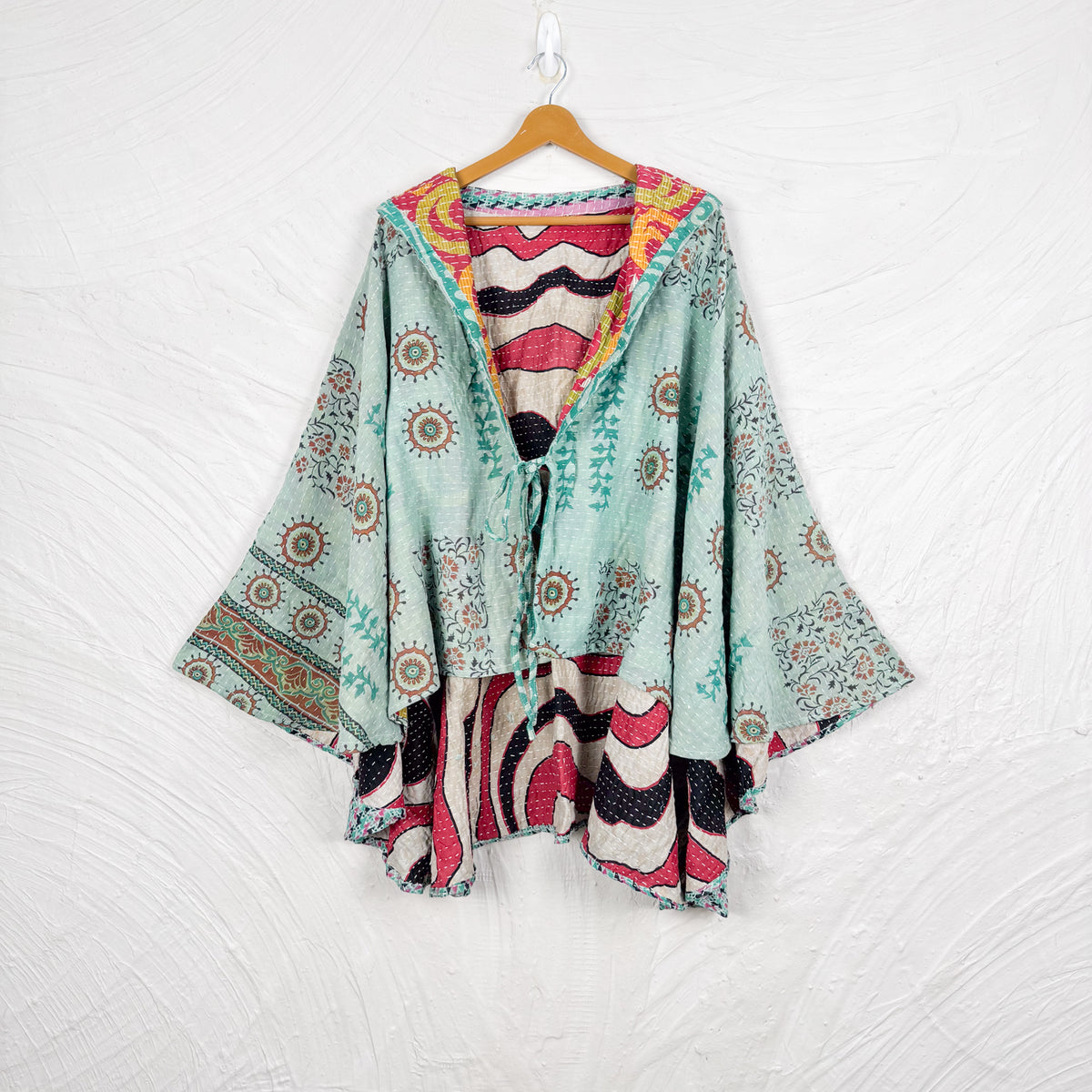 Kantha mid-size poncho dress with Hood Sea Green – Love Protect Sustain