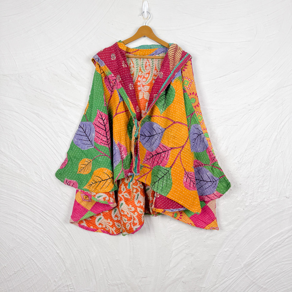 Kantha mid-size poncho dress with Hood Multicoloured leaves – Love ...