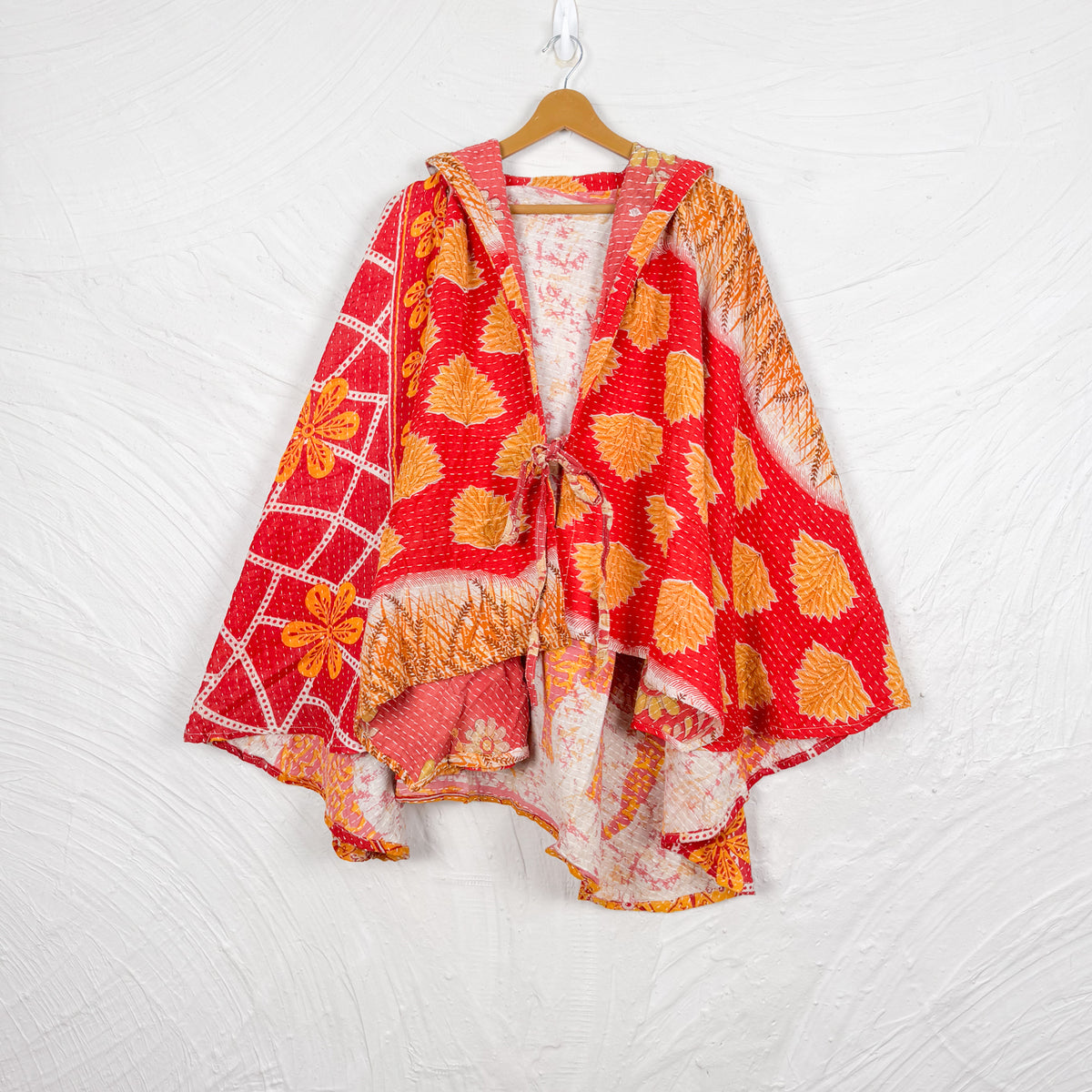 Kantha mid-size poncho dress with Hood Cherry red – Love Protect Sustain
