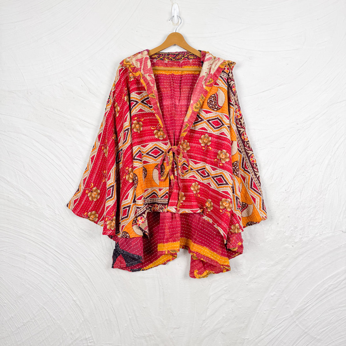 Kantha mid-size poncho dress with Hood Intense Red – Love Protect Sustain