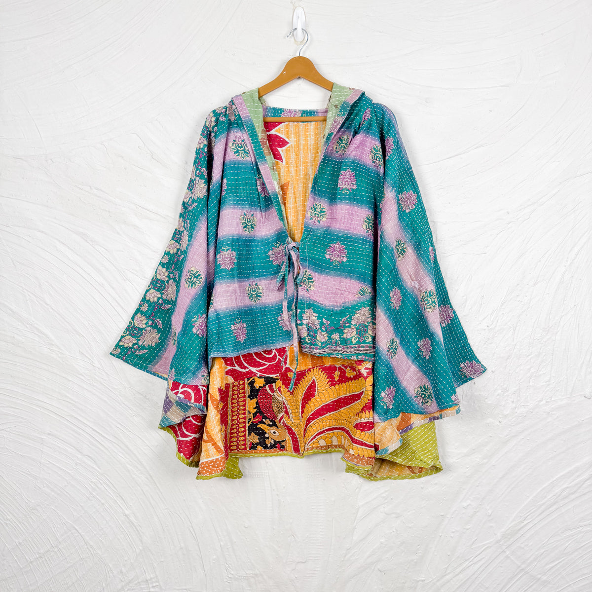 Kantha mid-size poncho dress with Hood Soft Mix – Love Protect Sustain