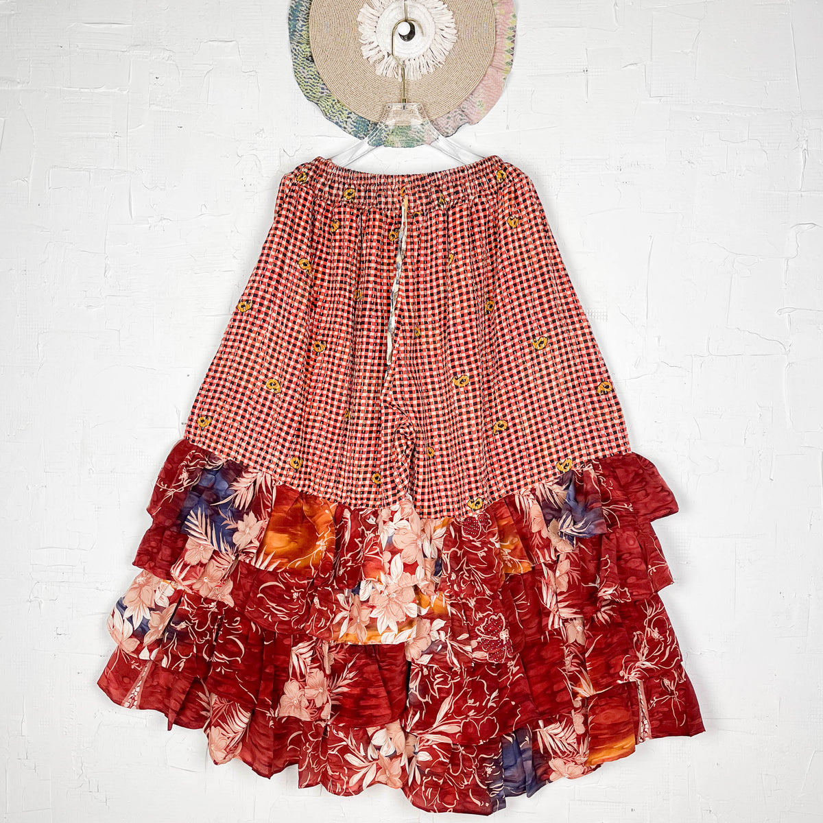 Bottom silk frills pants Burgundy Squares – Love Protect Sustain