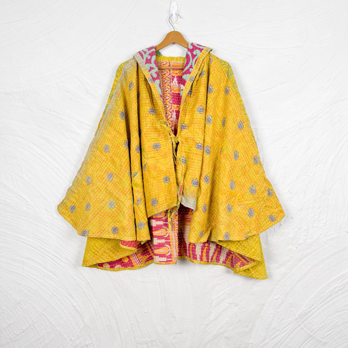 Kantha mid-size poncho dress with Hood Yellow Fusion – Love Protect Sustain